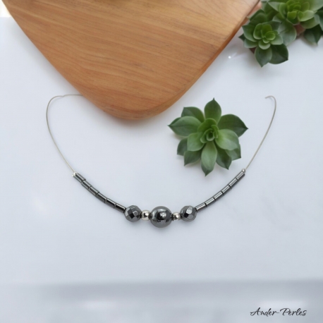 Collier Fil en acier Inoxydable avec des Pierres d'Hématite rondes et ...